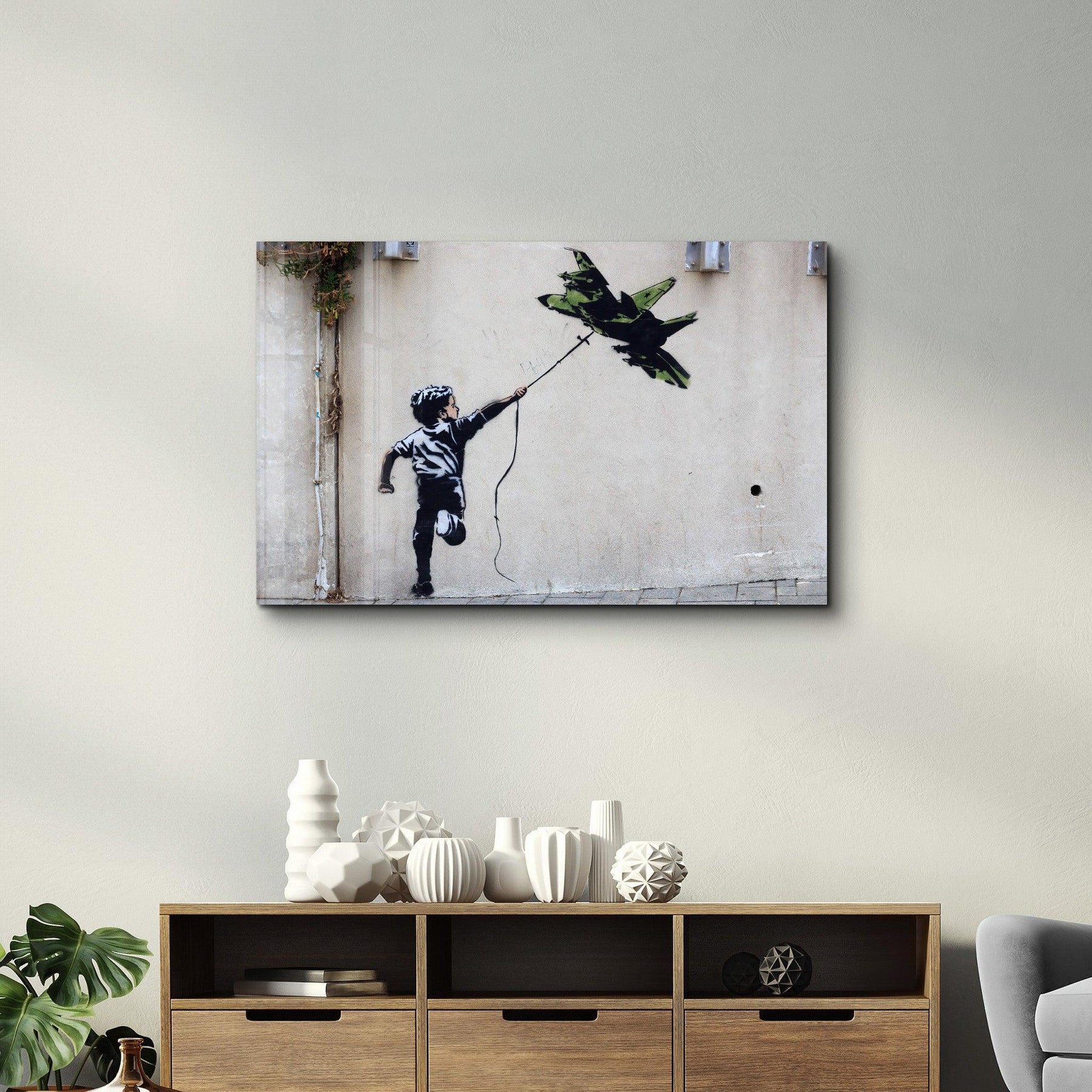 Banksy - fighter jet kite | Glass Wall Art – ArtDesigna Glass Printing ...