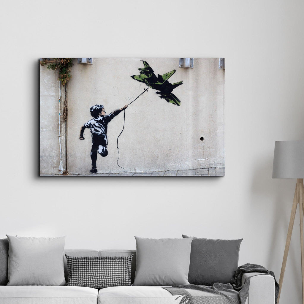 Banksy - fighter jet kite | Glass Wall Art – Artdesigna