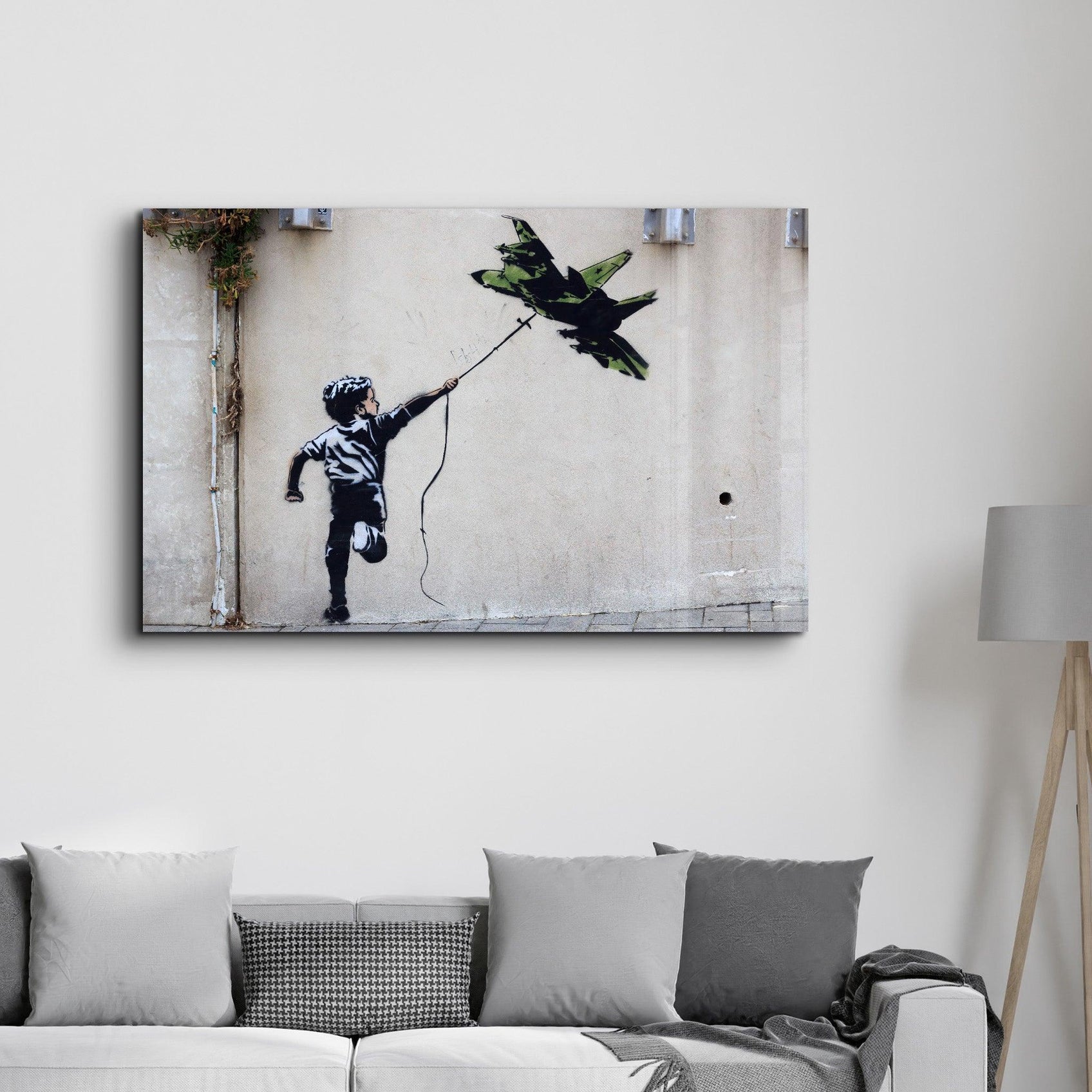 Banksy - fighter jet kite | Glass Wall Art | Artdesigna