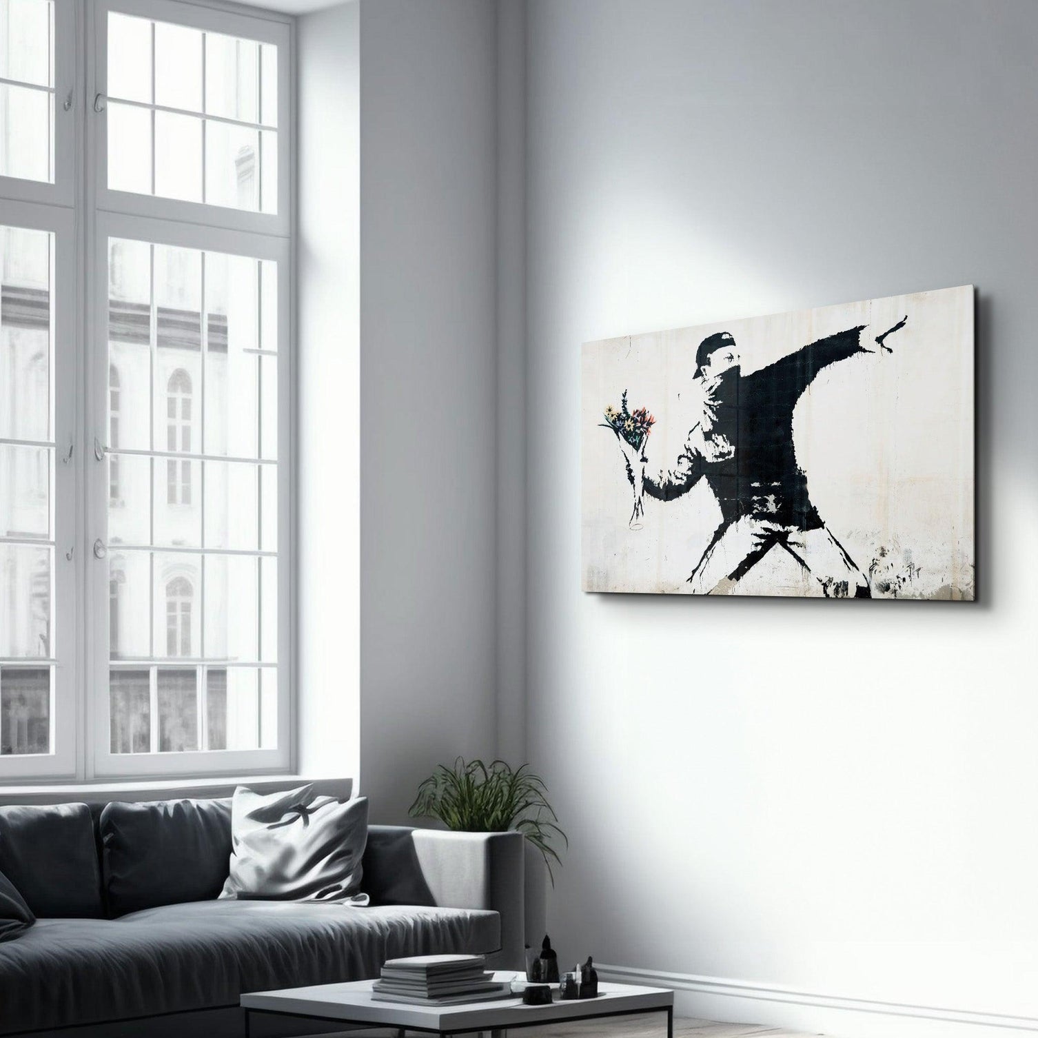 Banksy - Rioter Throwing a Flower Bouquet | Glass Wall Art – Artdesigna