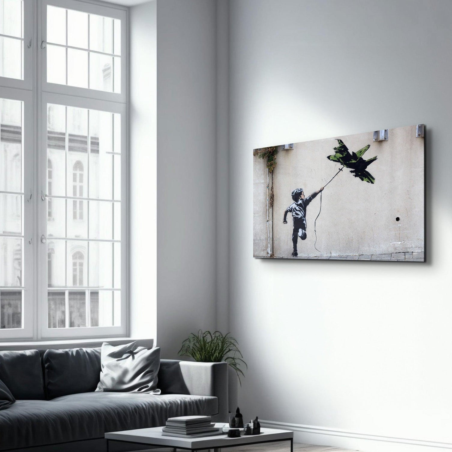 Banksy - fighter jet kite | Glass Wall Art | Artdesigna