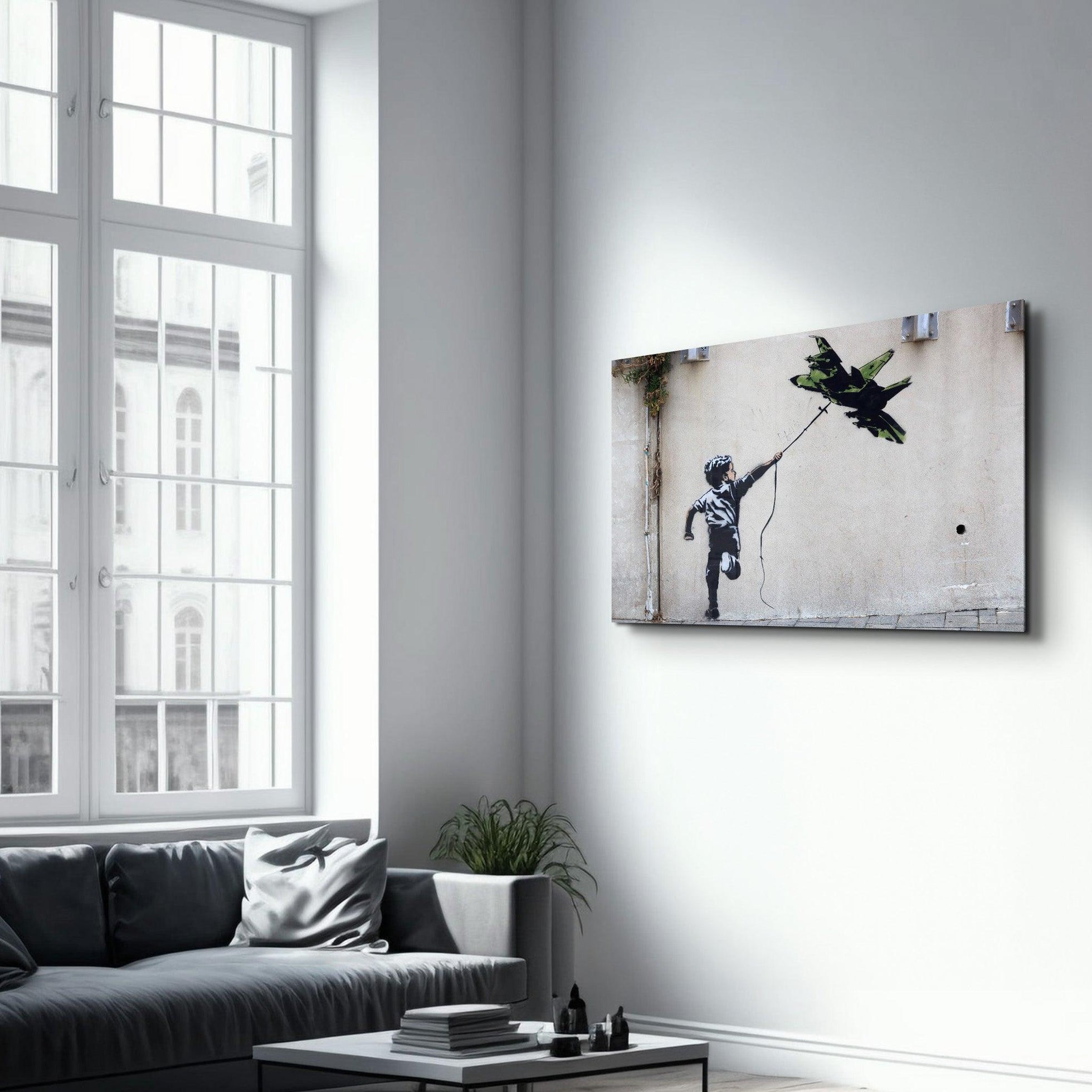 Banksy - fighter jet kite | Glass Wall Art | Artdesigna