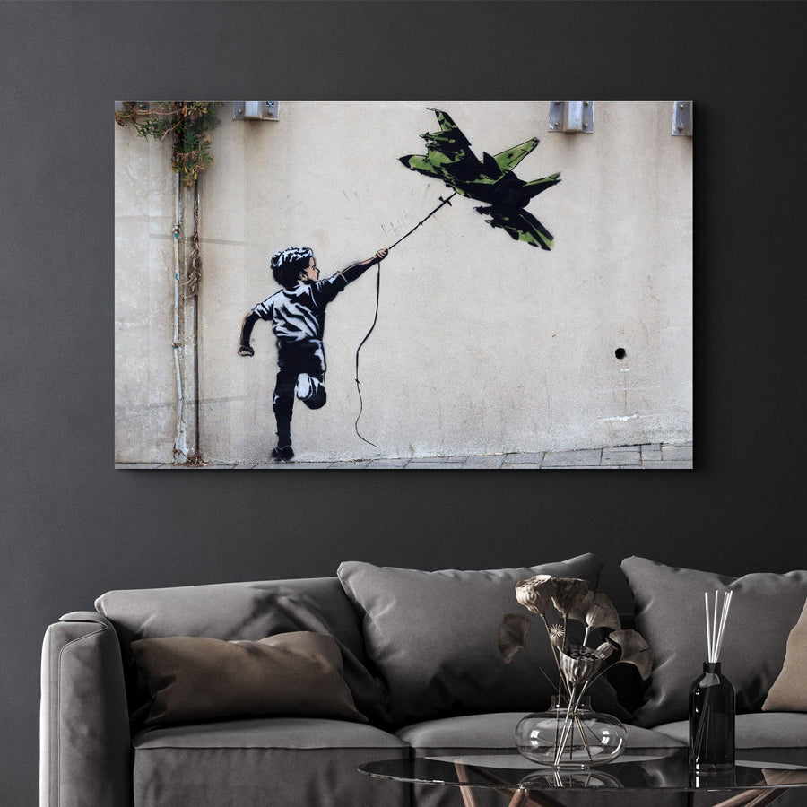 Banksy - fighter jet kite | Glass Wall Art – ArtDesigna Glass Printing ...